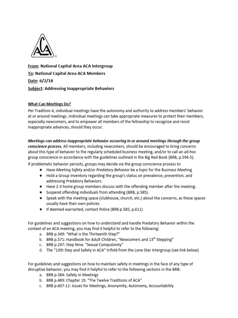 Addressing Inappropriate Behavior in ACA Meetings | PDF | Behavioural Sciences | Social Psychology