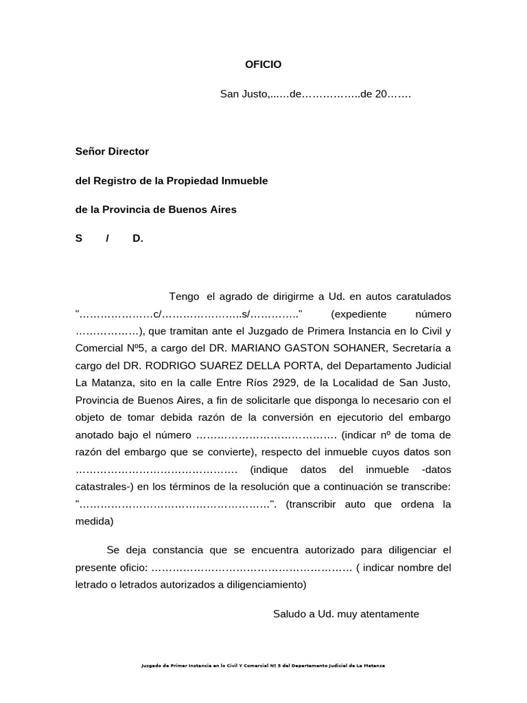 Oficio Al Registro de La Propiedad Inmueble de Bs As Ordenando Medidas Sobre Inmueble | PDF