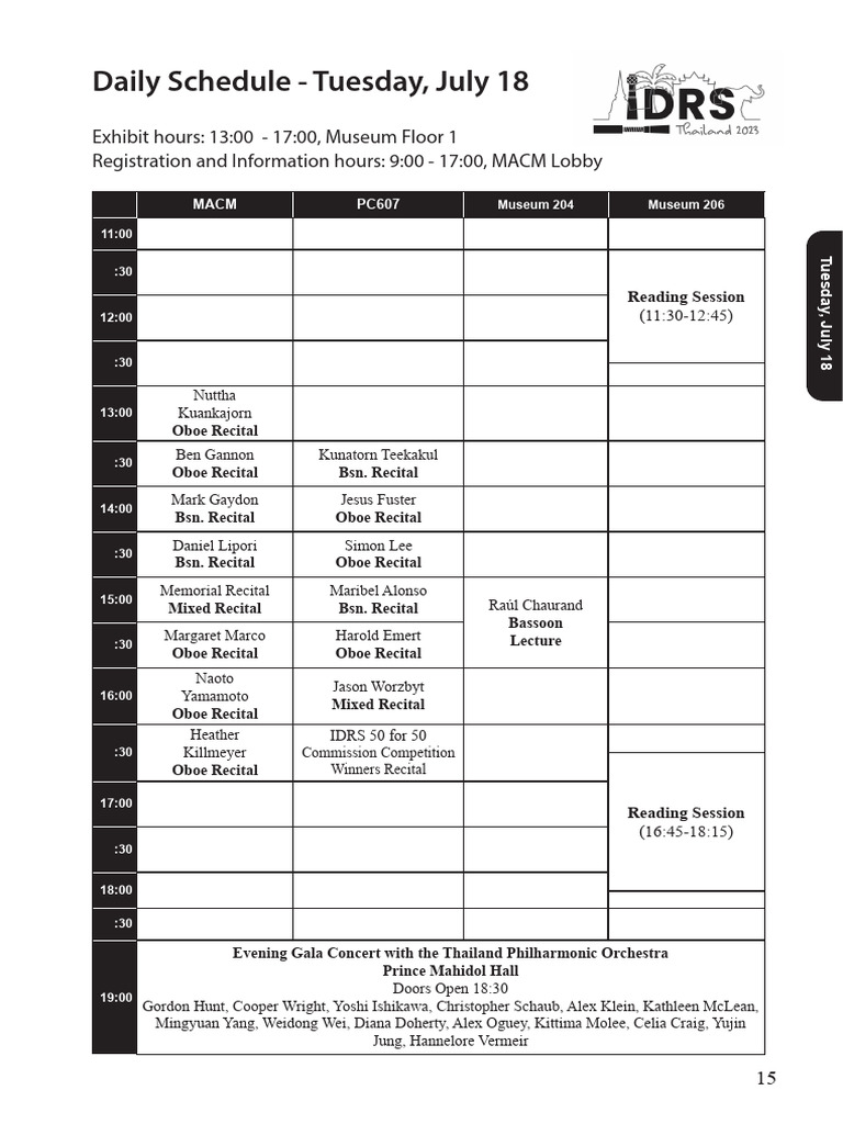 Daily Schedule for IDRS 2023 Events | PDF | Woodwind Instruments | Musical Instruments