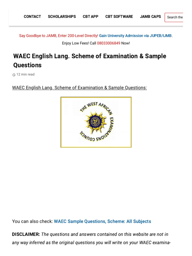 WAEC English Lang. Scheme of Examination & Sample Questions - My | PDF ...