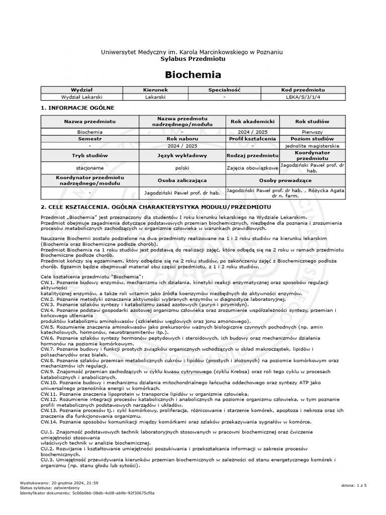 Sylabus Biochemia (34182) | PDF