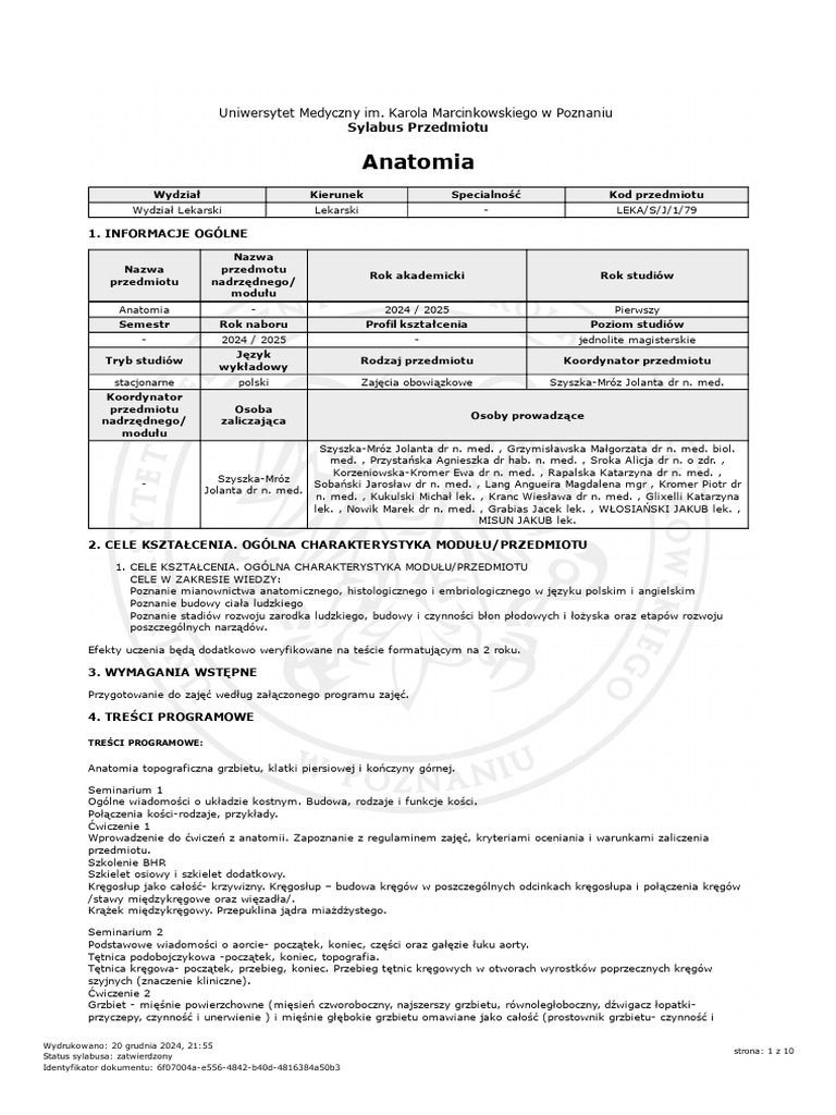Sylabus Anatomia (34166) | PDF