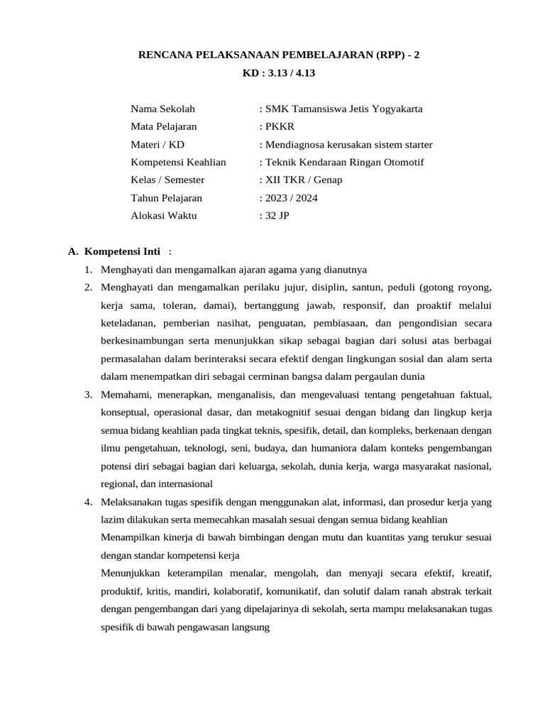 RPP - SISTEM STARTER - PLP di SMK TAMANSISWA JETIS YOGYAKARTA | PDF
