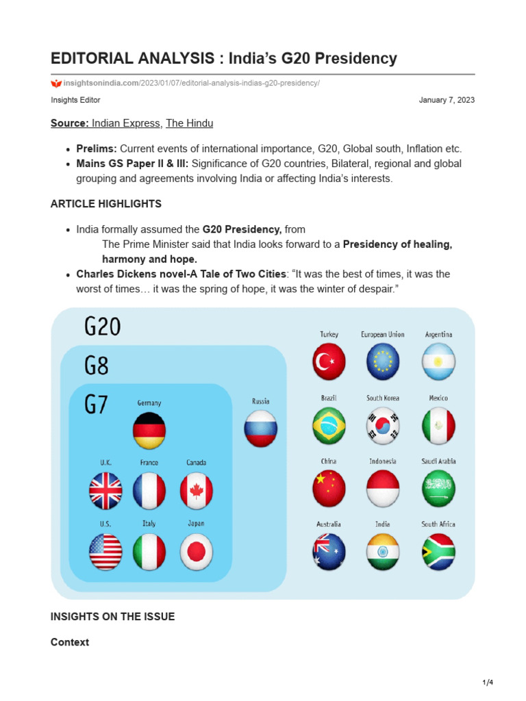EDITORIAL ANALYSIS Indias G20 Presidency | PDF | Economies