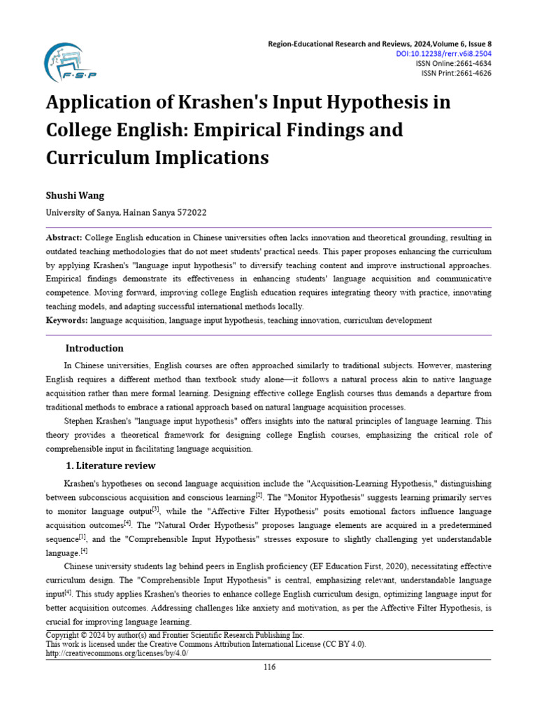 Application of Krashens Input Hypothesis in Colle | PDF | Second Language Acquisition | Language ...