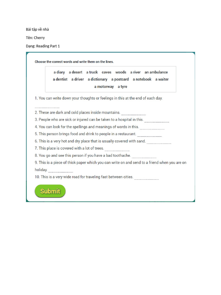 Bài tập về nhà - Reading & Writing Part 1 (Exercises 1 - 5) | PDF