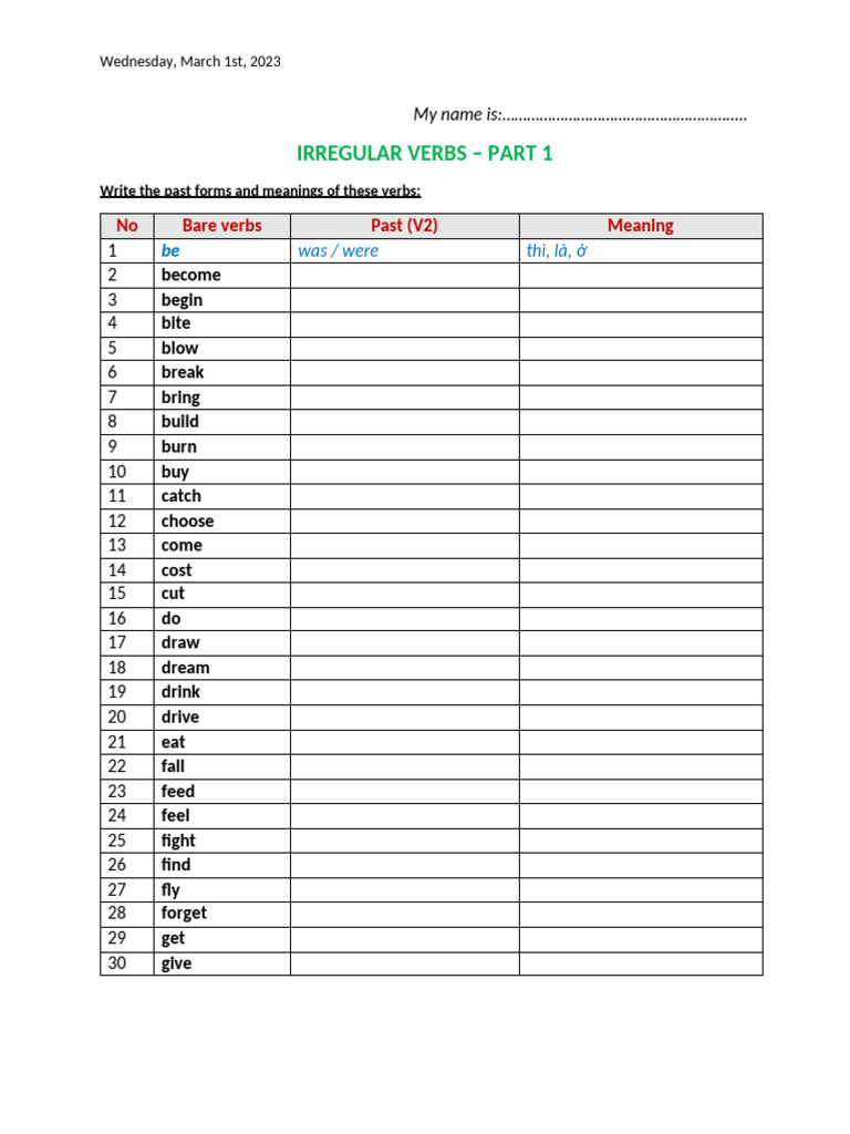 Homework 4- Vocab - Irrregular Verbs - Part 1 | PDF