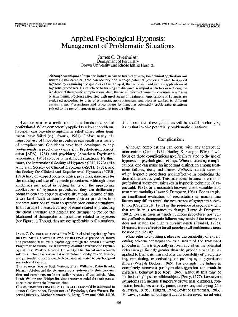 1988 Applied Psychological Hypnosis Problematic Situations | PDF ...