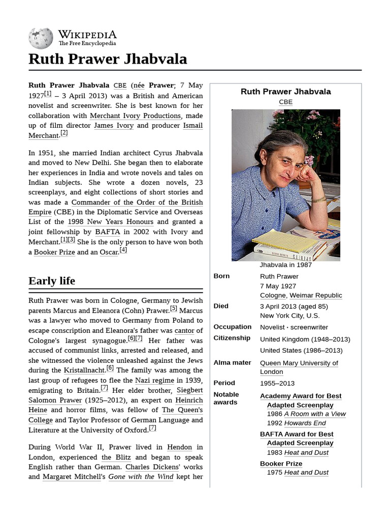 Ruth Prawer Jhabvala: Novelist & Screenwriter | PDF
