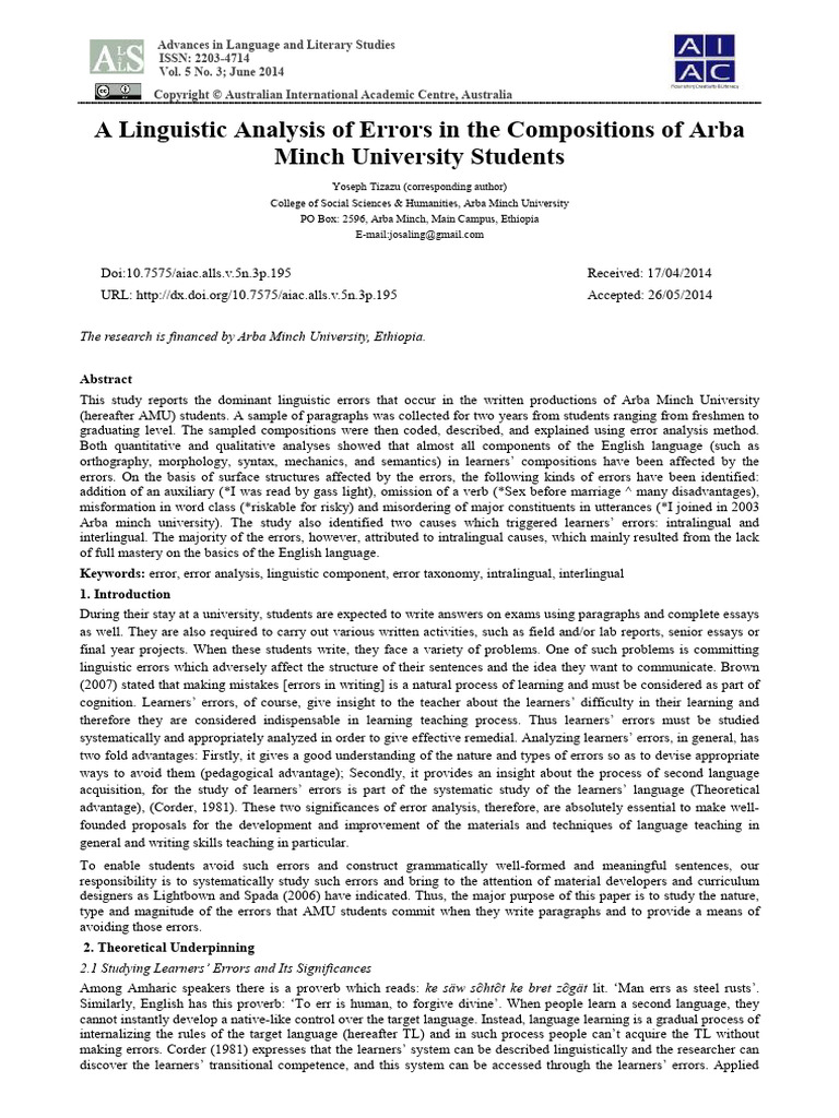 A Linguistic Analysis of Errors in the C | PDF | Second Language | Grammatical Number