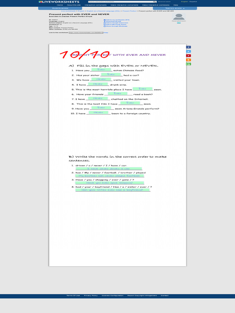 Present Perfect With EVER and NEVER Interactive Worksheet | PDF ...