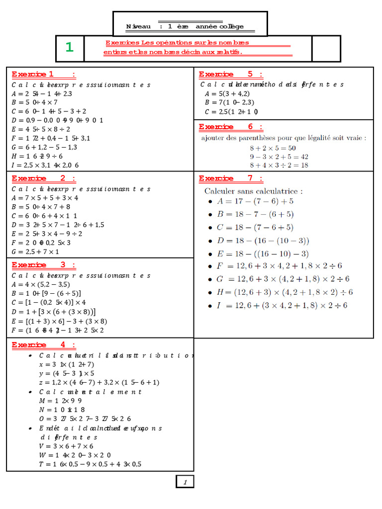 1) Exercices Les Opérations Sur Les Nombres Entiers Et Les Nombres ...