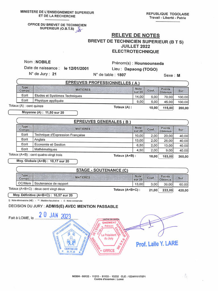 Releve de Note BTS | PDF