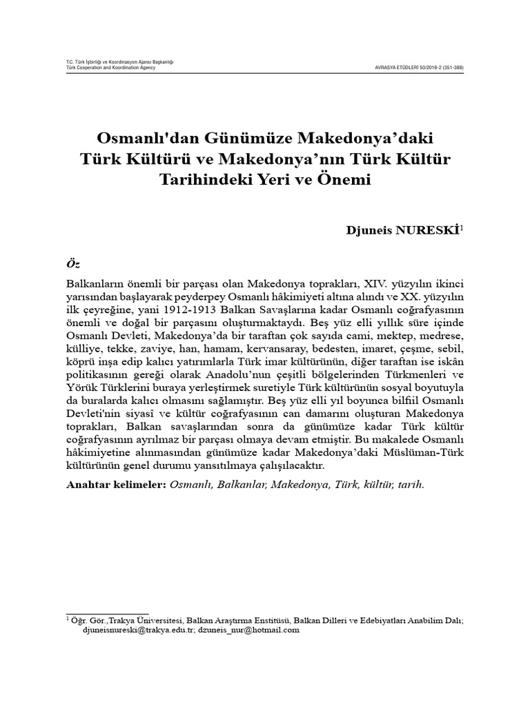 Osmanl 'Dan G N M Ze Makedonya Daki T RK K LT R Ve Makedonya N N T RK K LT R Tarihindeki Yeri Ve ...