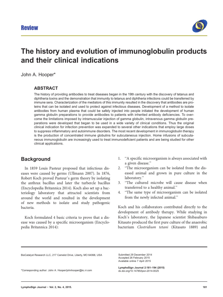 Hooper 2015 The History and Evolution of Immunoglobulin Products and Their Clinical Indications ...