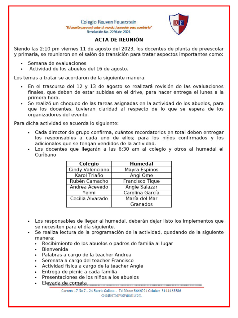 Acta de Reuniòn | PDF | Educación de la primera infancia
