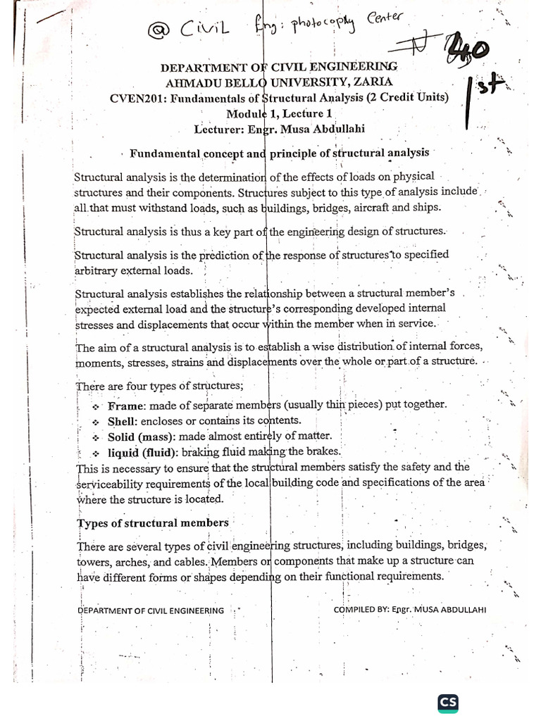 CVEN201 Fundamentals Of Structural Analysis 1st Part PDF
