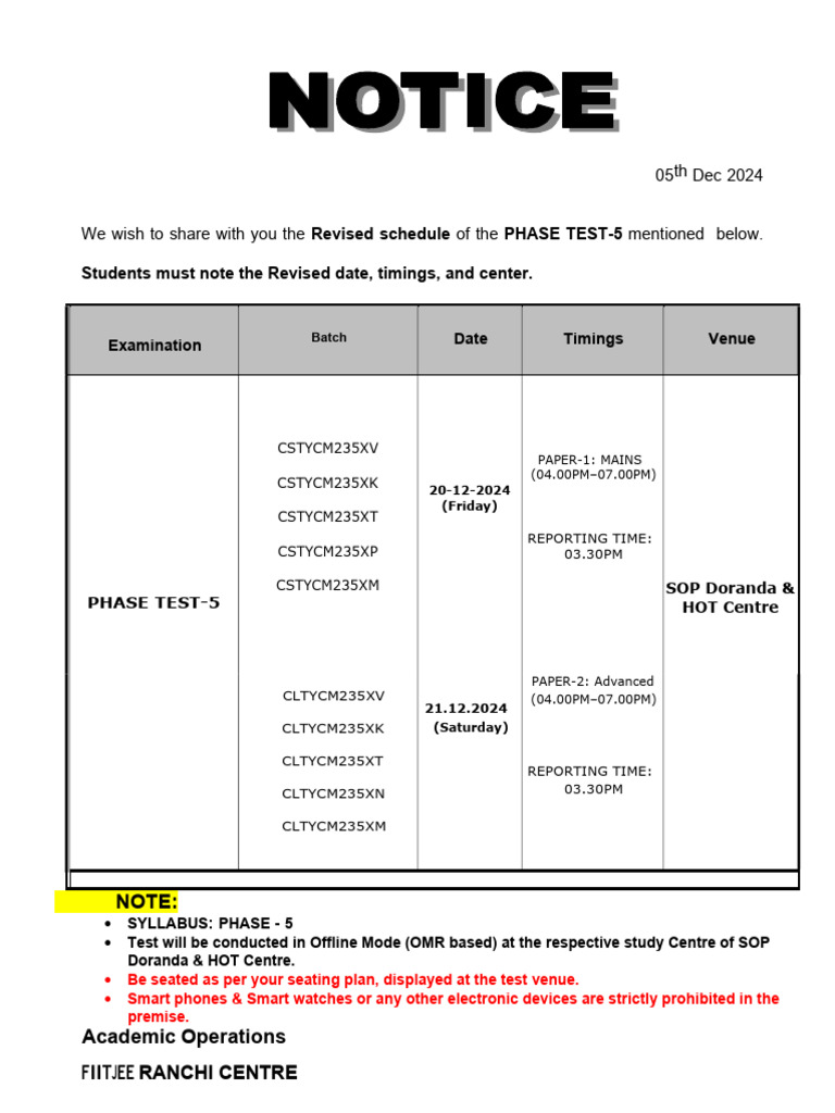 Class 12 PT-5 Revised Schedule | PDF