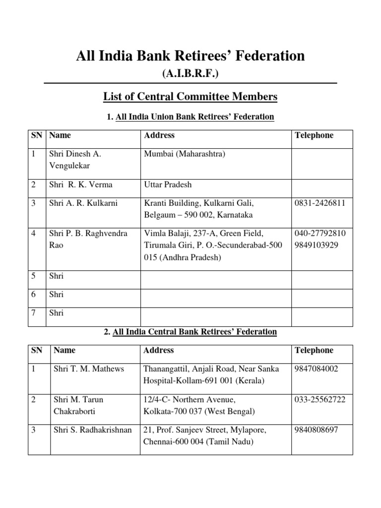 Retired Bank Employees Contact List | PDF