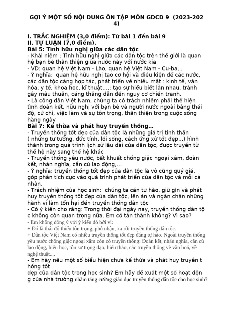 ĐỀ CƯƠNG ÔN TẬP HKI GDCD 9 23-24 | PDF