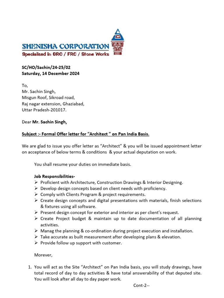 Architect Offer Letter from Shenisha Corp | PDF
