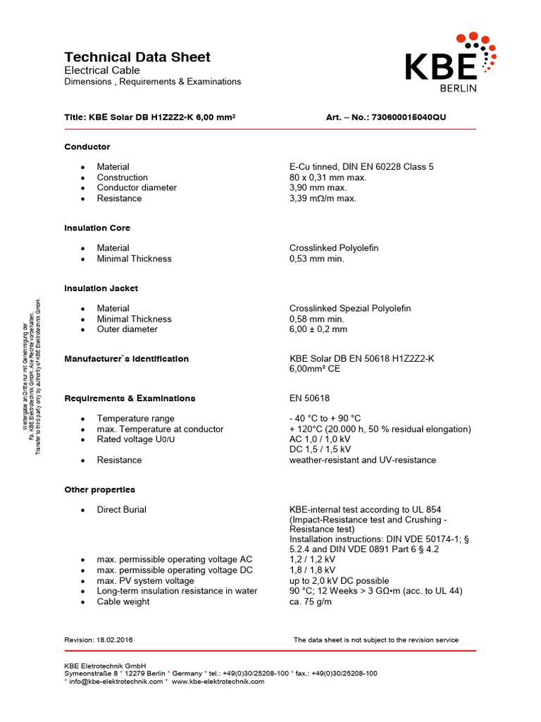 KBE 6mm DC CABLE CATALOGUE | PDF | Insulator (Electricity) | Electrical ...