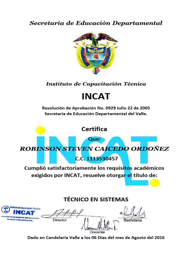 Diploma Tecnico en Sistemas Robinson Steven Caicedo | PDF