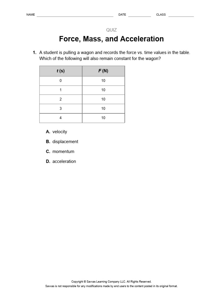 Quiz PDF - Force, Mass, and Acceleration | PDF | Force | Parachuting