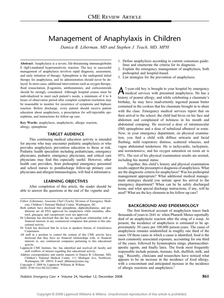 Management of Anaphylaxis in Children | PDF | Allergy | Medicine