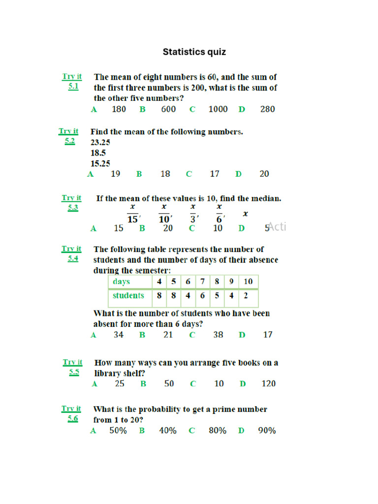 Engaging Statistics Quiz Questions | PDF