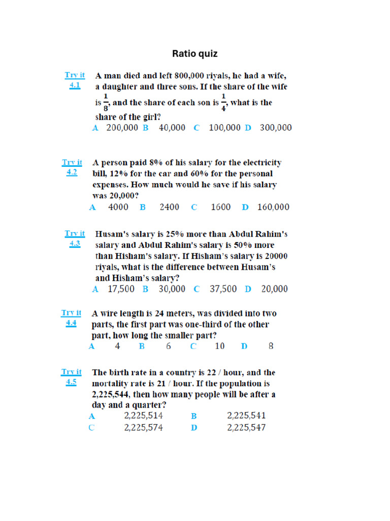 Ratio Quiz | PDF