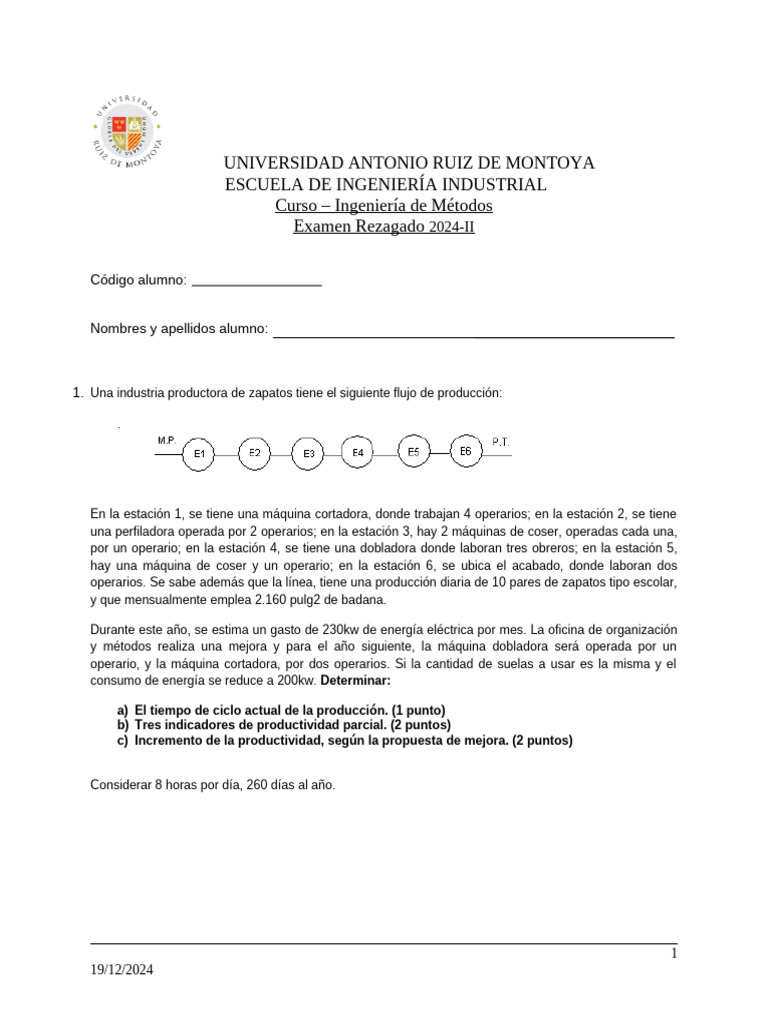 Examen Rezagado Ing. Métodos 2024-II | PDF