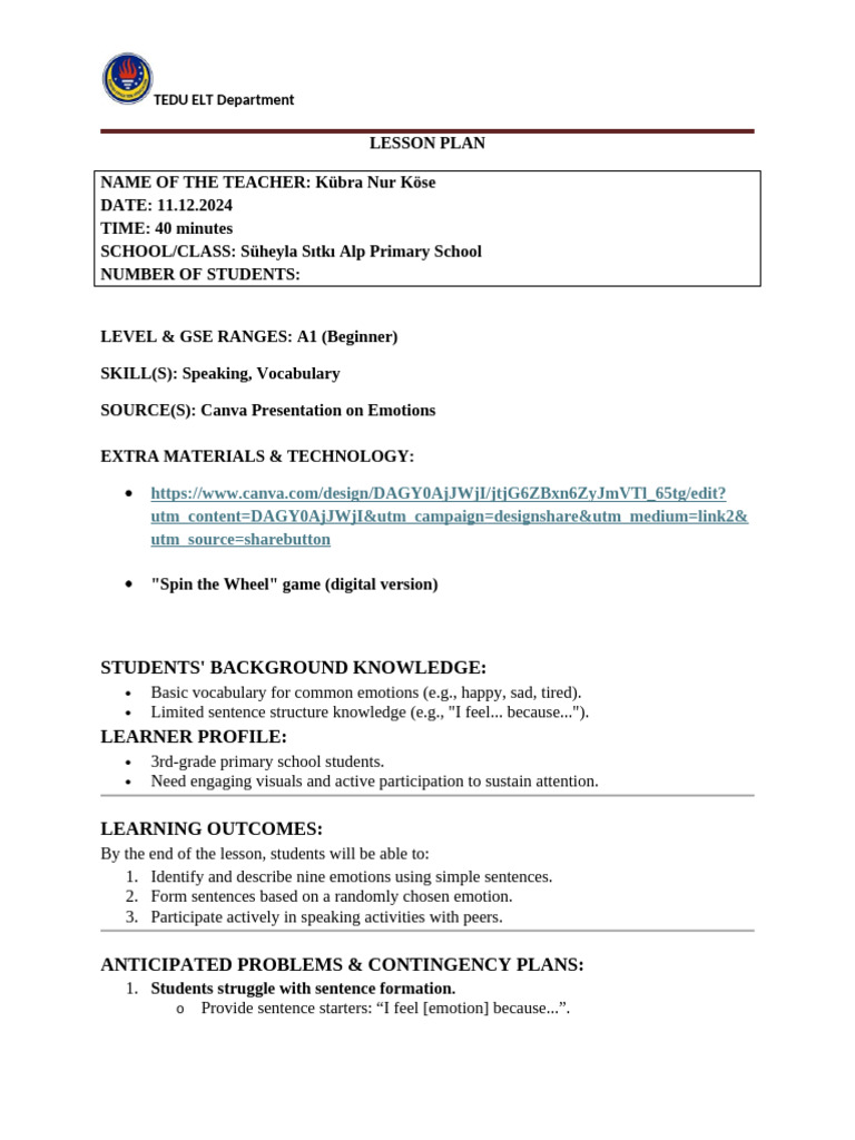 ELT401 KübraNur Köse LessonPlan3 3rdgrade | PDF | Lesson Plan ...