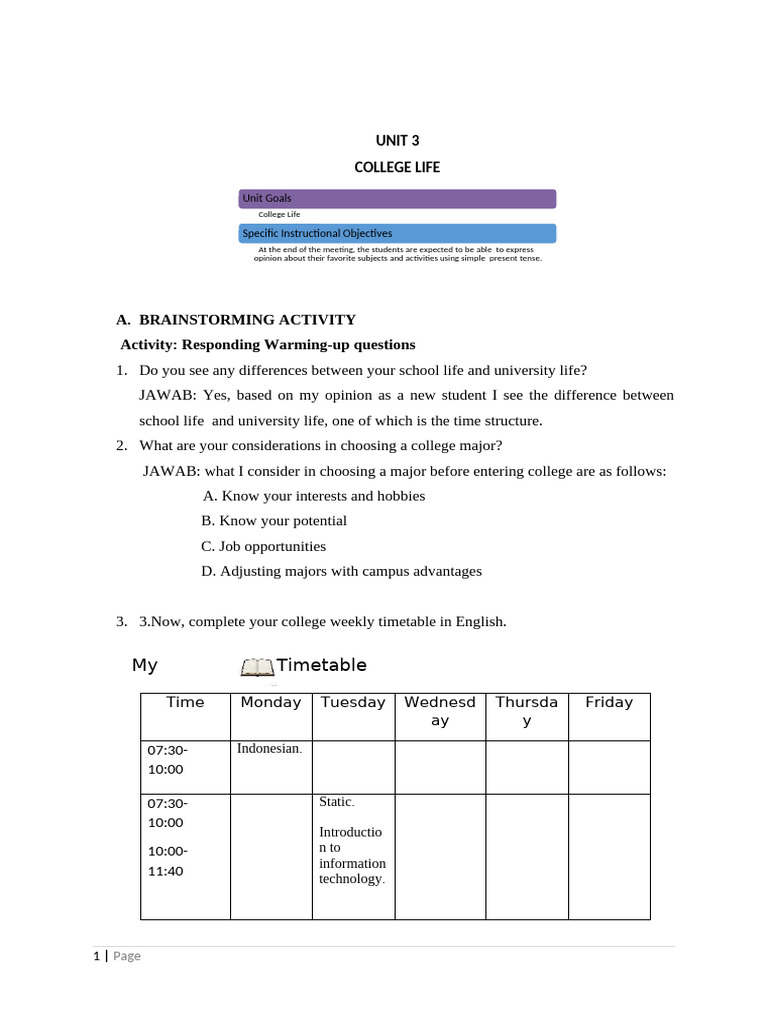 Week 6 - College Life Answer Sheet | PDF | Cognitive Science | Learning