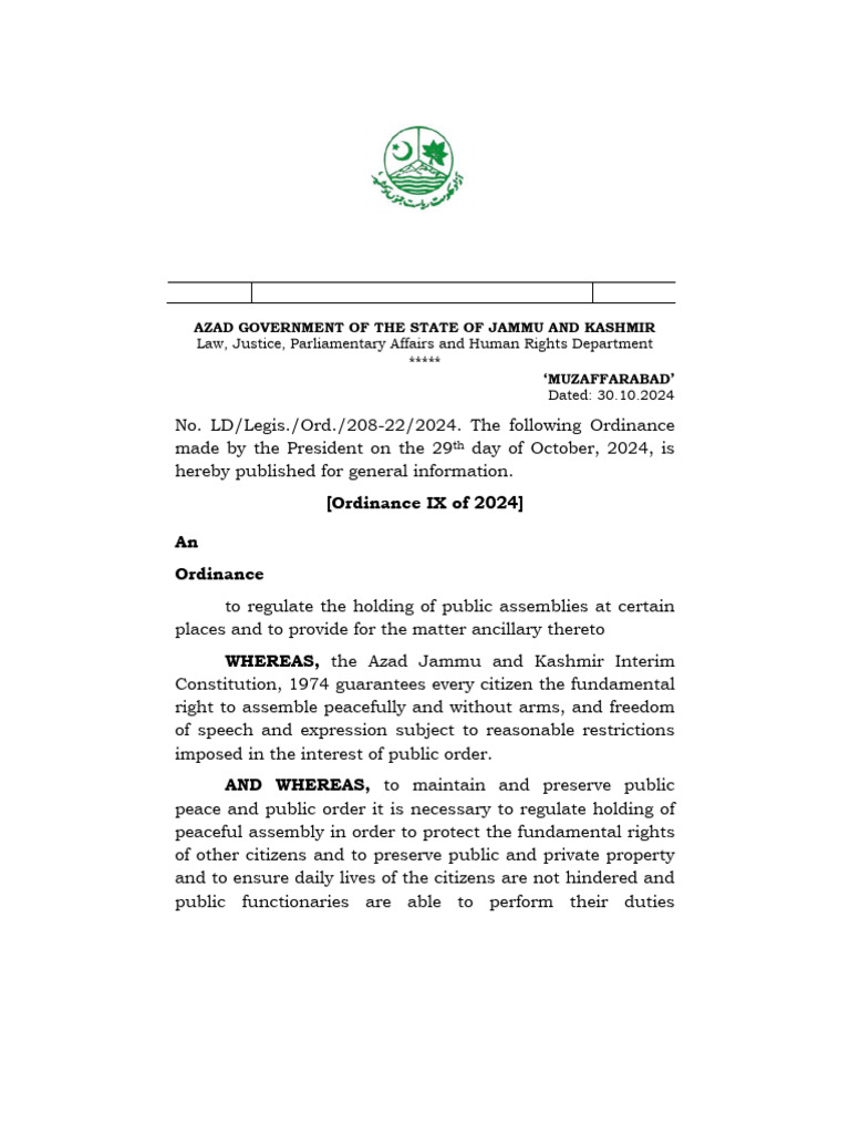 Peaceful Assembly Ordinance 2024 | PDF | Justice | Crime & Violence