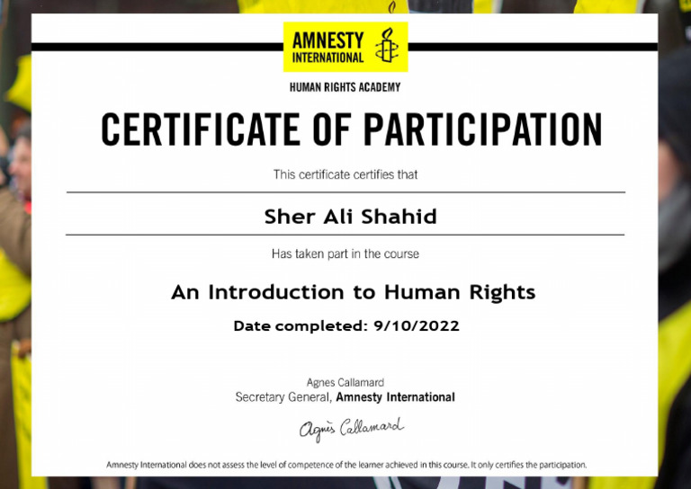 An Introduction To Human Rights - Certificate of Participation - Sher | PDF