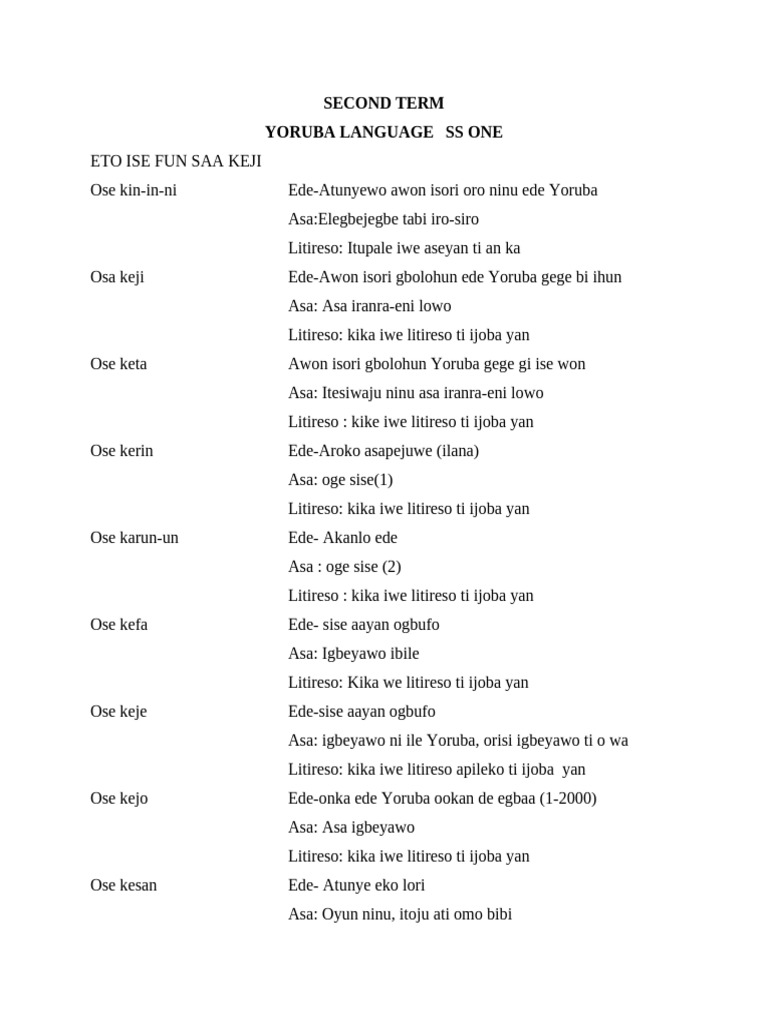 SECOND TERM SS1 YORUBA-1 | PDF