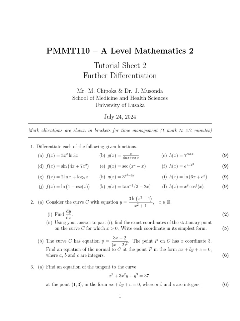 PMMT110_Tutorial_Sheet_2 (1) | PDF | Equations | Calculus