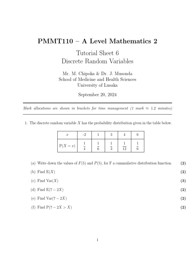 PMMT110 Tutorial Sheet 6 S2 2024 | PDF | Probability Distribution | Scientific Method