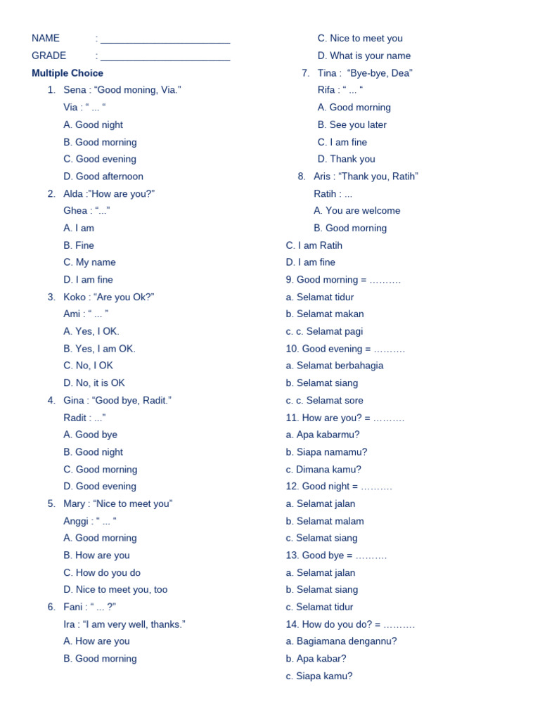 Grade 1 Greetings Multiple Choice | PDF