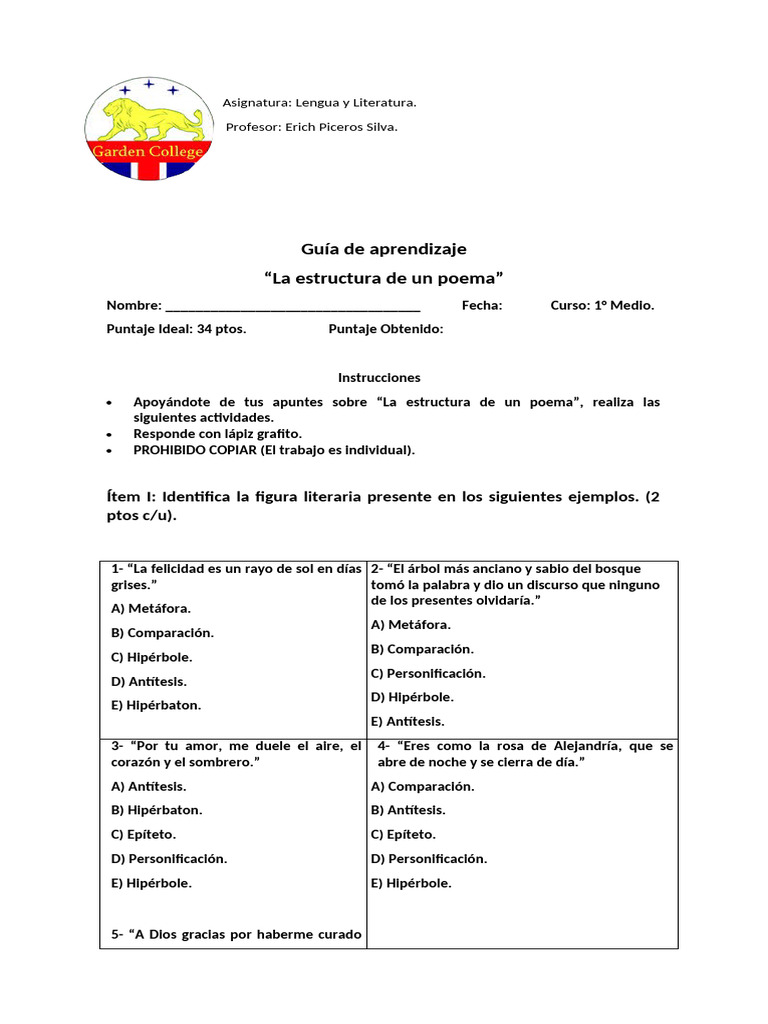 Guía de aprendizaje (La estructura de un poema) | PDF