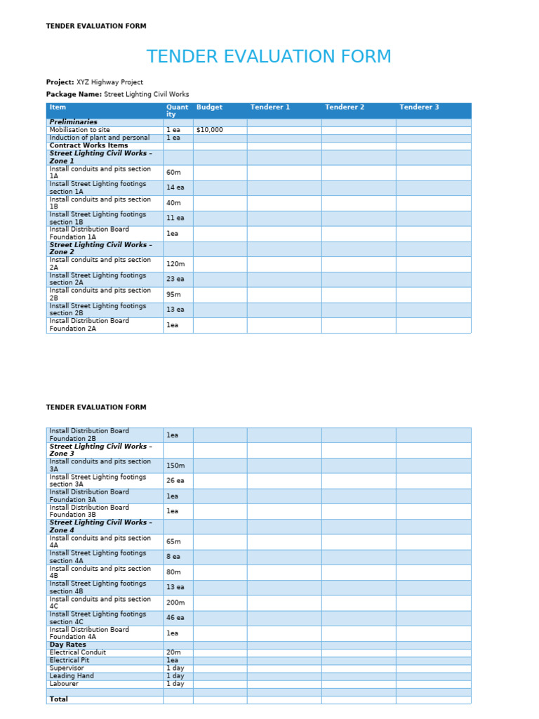 KDyG6AVUT3SPbJXPuv1E - Tender Evaluation Form | PDF | Business