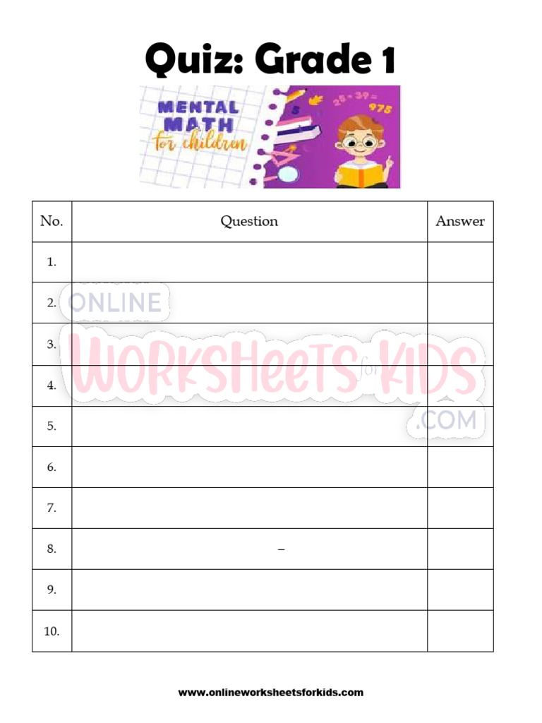 Grade 1 Mental Math Quiz | PDF
