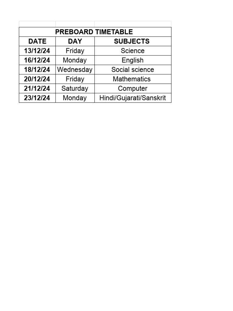 Preboard Timetable 2024-25 | PDF
