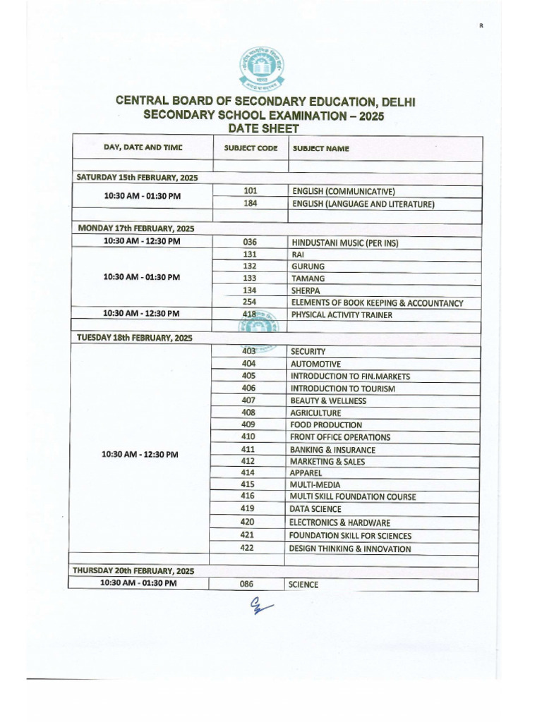 Date Sheet 2025 | PDF