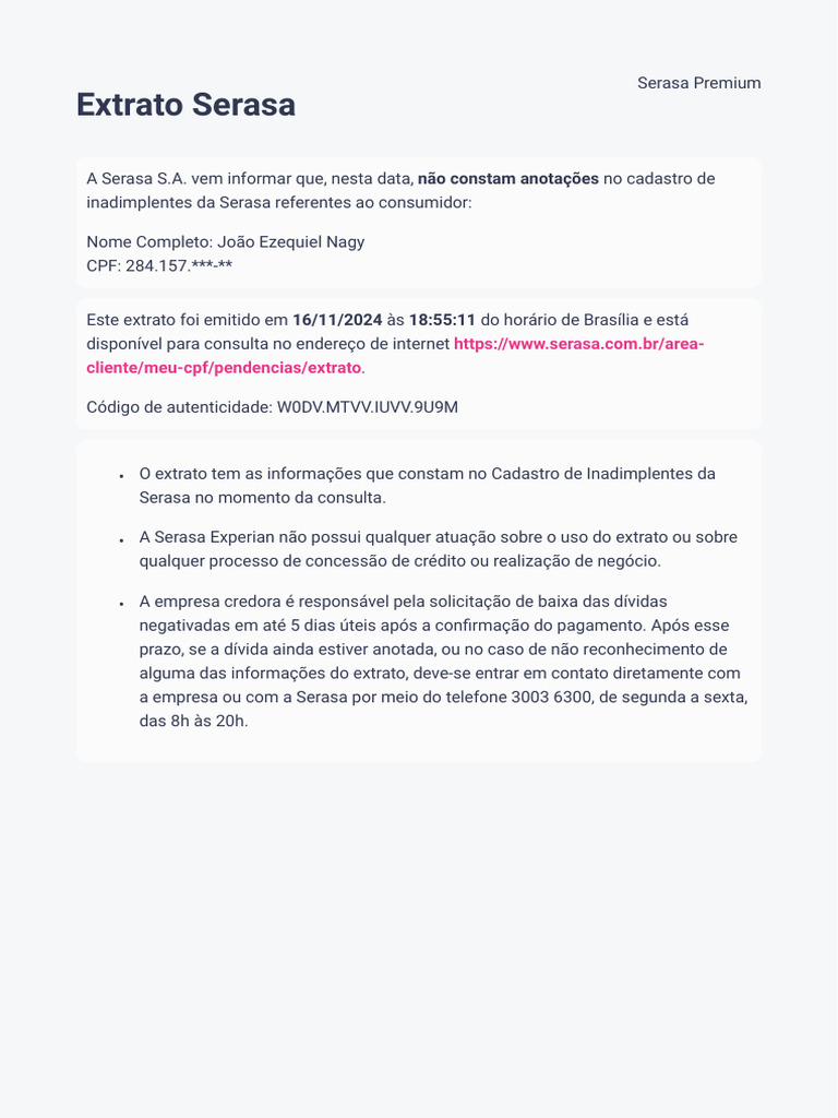 Extrato Serasa: Sem Inadimplências | PDF