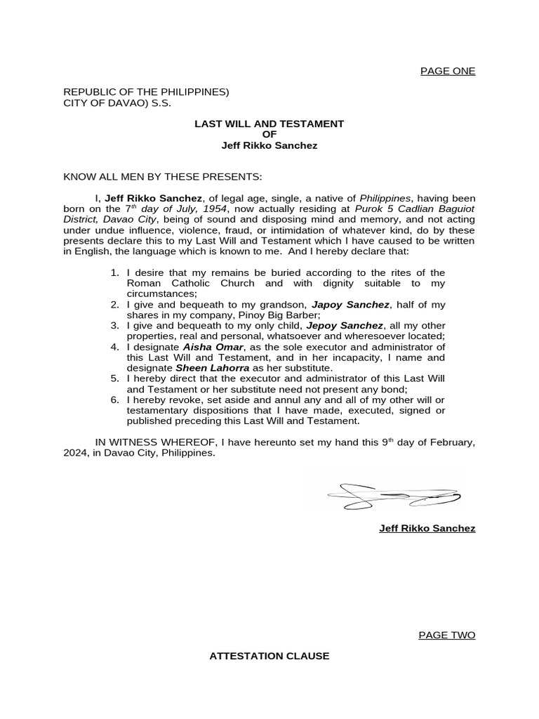 Sample of Notarial Will | PDF | Will And Testament | Inheritance