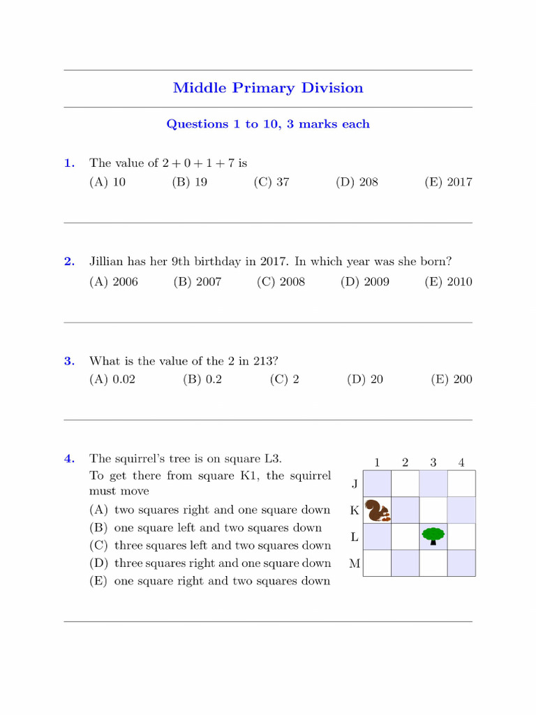 2017澳大利亚数学竞赛AMC含详解Middle Primary（Y3 4） | PDF