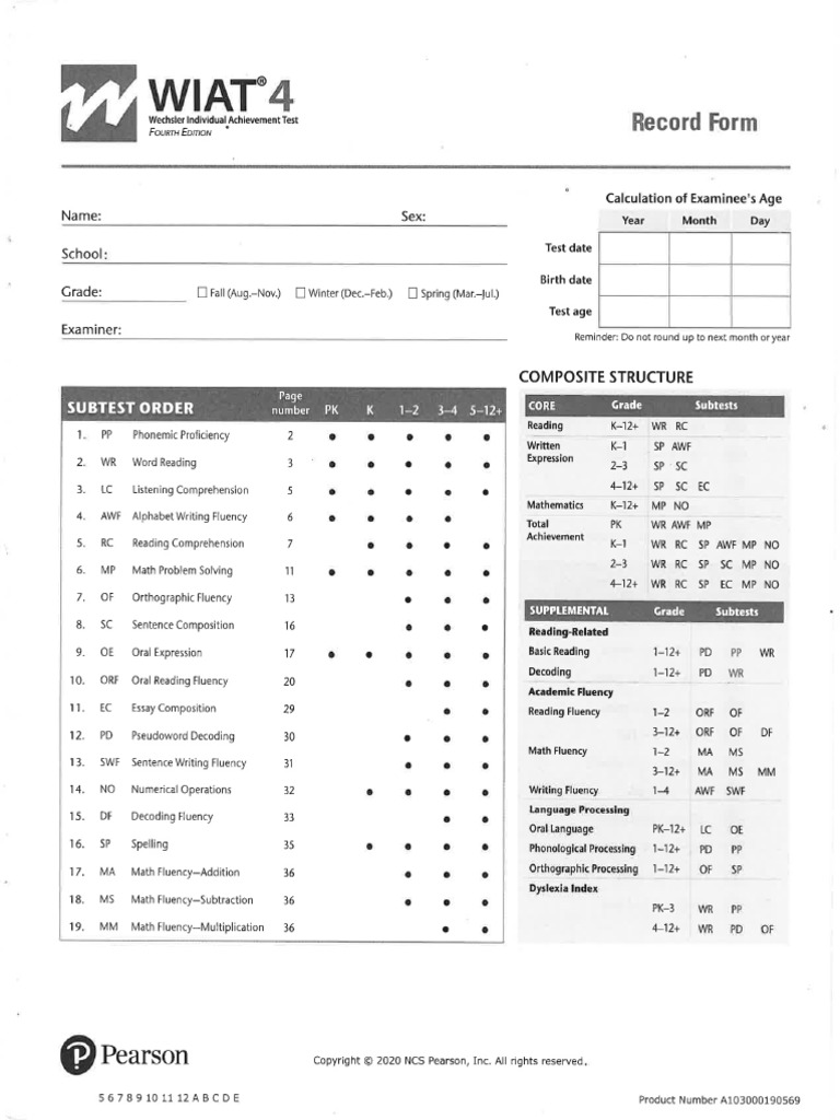 WIAT Record Form | PDF