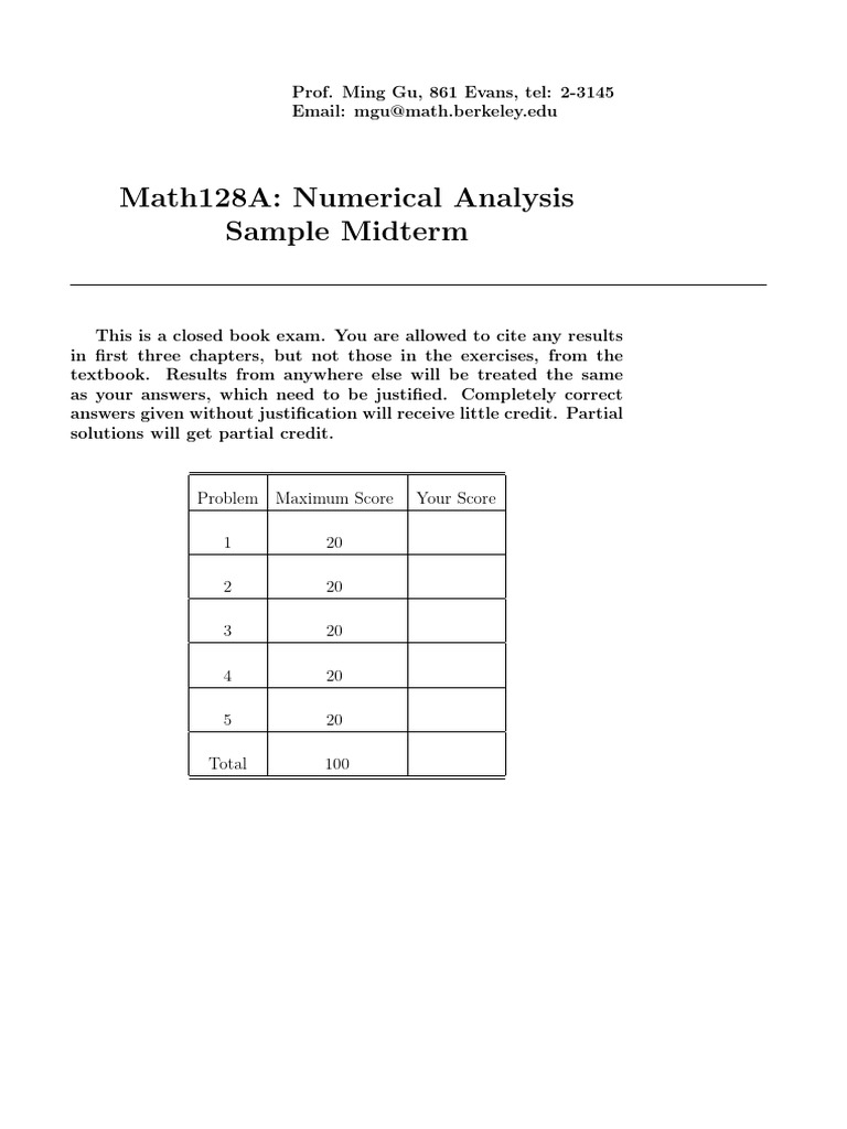 Math128A Numerical Analysis Midterm Exam | PDF